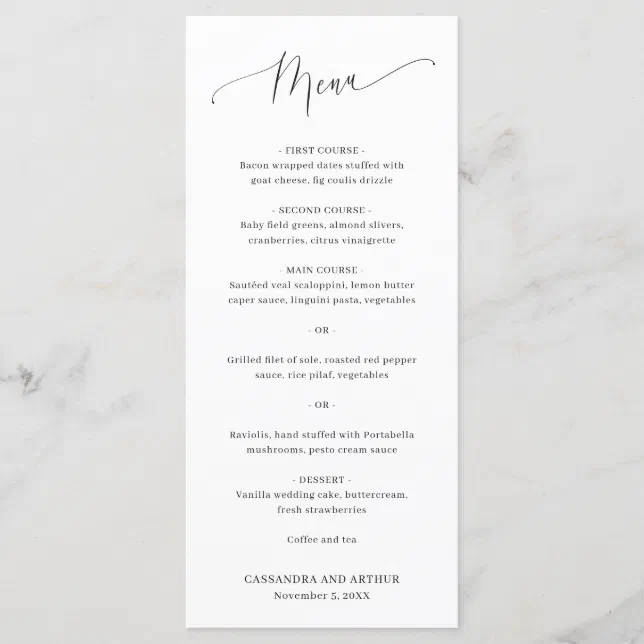 Simple Elegant Classic White Wedding Menu | Zazzle