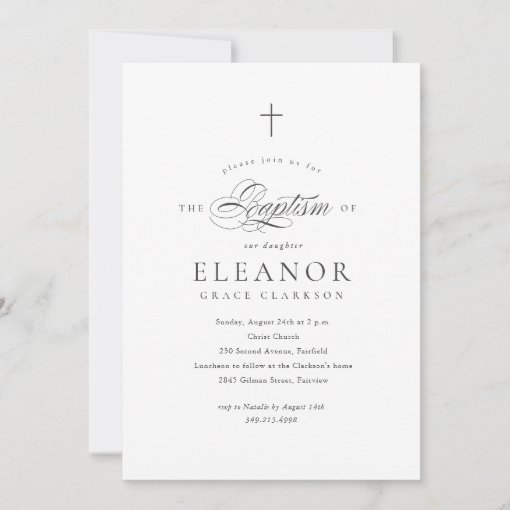 Simple Elegant Cross Calligraphy Baptism Invitation | Zazzle