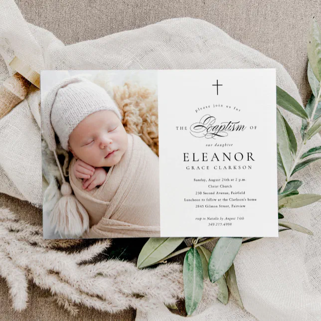 Simple Elegant Cross Calligraphy Photo Baptism Invitation | Zazzle
