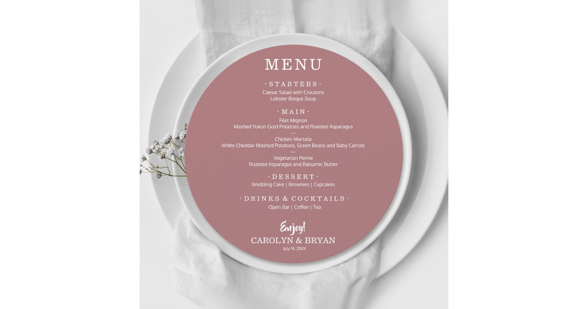 Simple Elegant Desert Rose Round Wedding Dinner Menu | Zazzle
