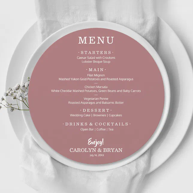 Simple Elegant Desert Rose Round Wedding Dinner Menu | Zazzle