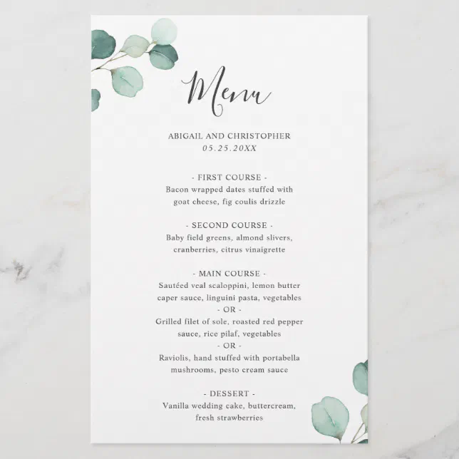 Simple Elegant Eucalyptus Rustic Wedding Menu | Zazzle