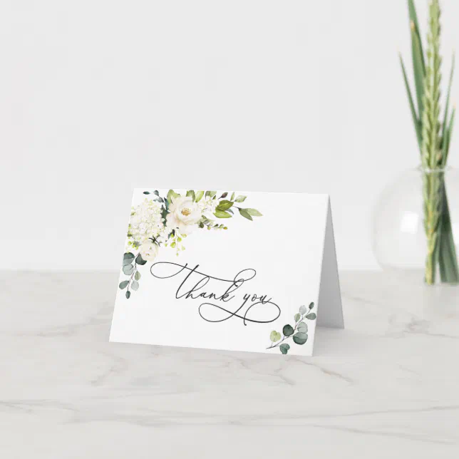 Simple Elegant Eucalyptus White Roses Floral Thank You Card | Zazzle