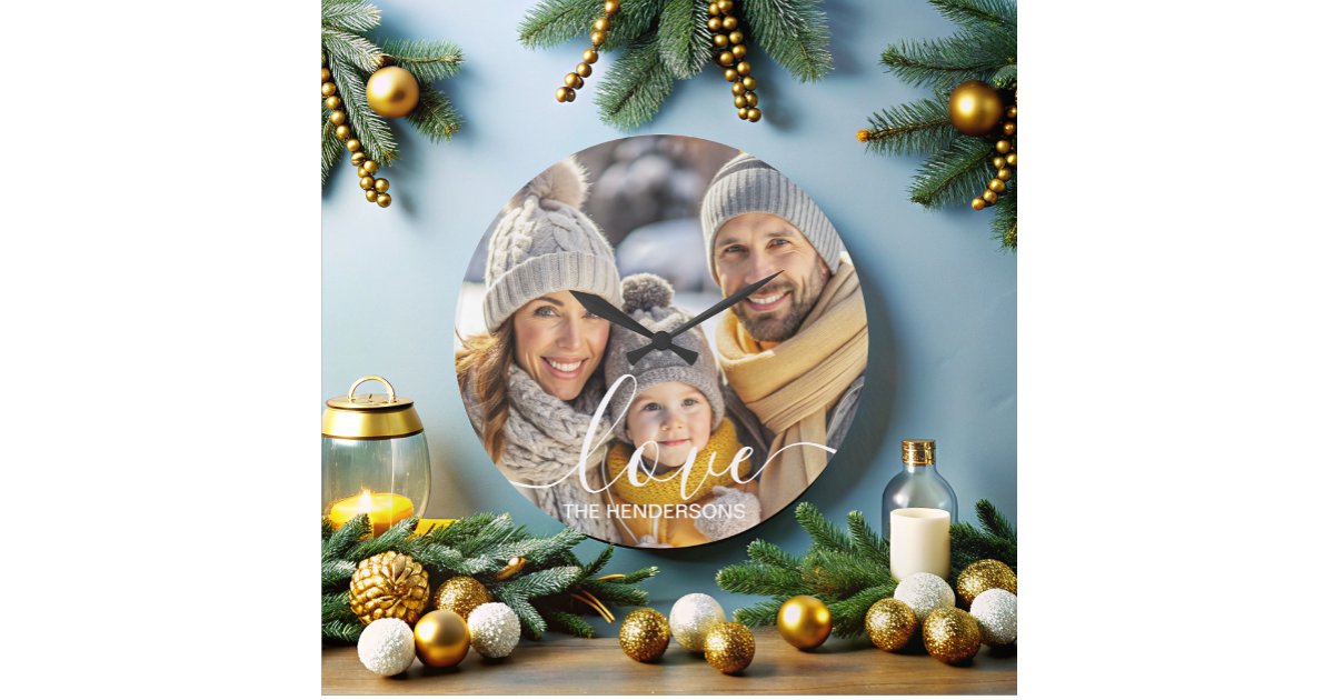 Simple Elegant Family Photo Text Overlay Large Clock | Zazzle