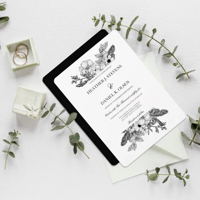 Simple Elegant Floral Black White Wedding Invitation | Zazzle