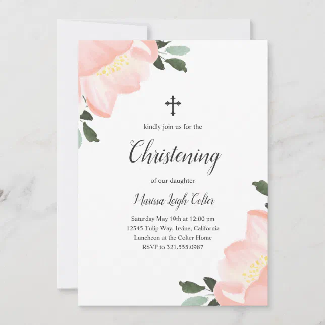Simple Elegant Floral Blush Pink Girl Christening Invitation | Zazzle