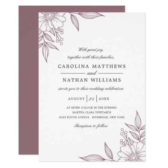 Simple Elegant Floral Corners Wedding Mauve Invitation | Zazzle.com