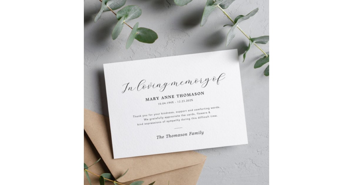 simple elegant funeral thank you note card | Zazzle