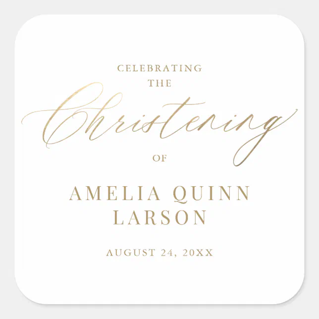 Simple Elegant Gold Calligraphy Script Christening Square Sticker | Zazzle