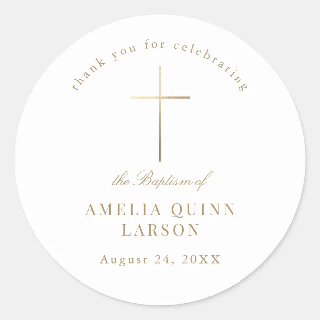 Simple Elegant Gold Cross Baptism Christening Classic Round Sticker ...