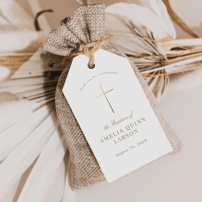 Simple Elegant Gold Cross Baptism Christening Gift Tags | Zazzle