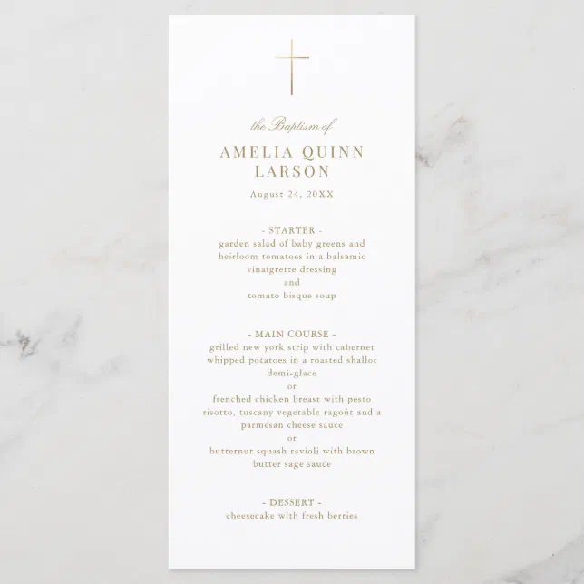 Simple Elegant Gold Cross Baptism Christening Menu | Zazzle