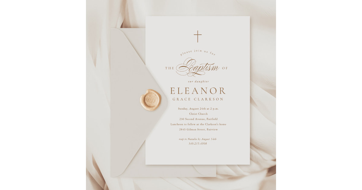 Simple Elegant Gold Cross Calligraphy Baptism Invitation | Zazzle