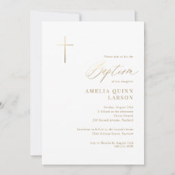 Simple Elegant Gold Cross Calligraphy Baptism Invitation | Zazzle