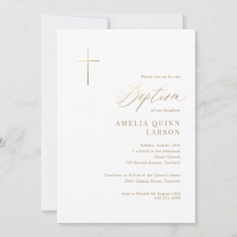 Simple Elegant Gold Cross Calligraphy Baptism Invitation | Zazzle