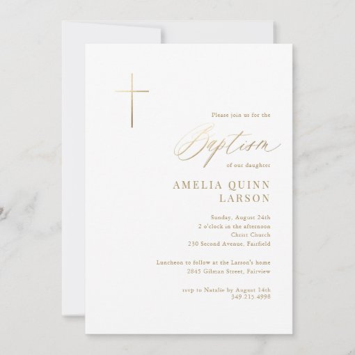Simple Elegant Gold Cross Calligraphy Baptism Invitation | Zazzle