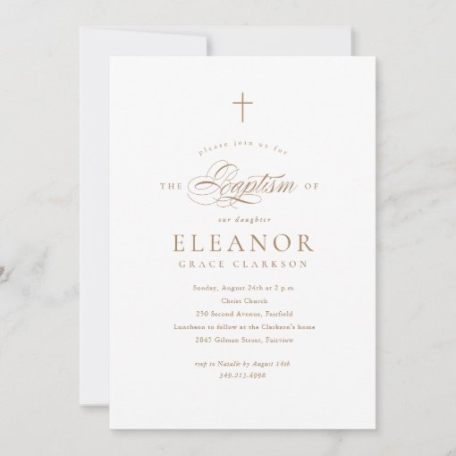 Simple Elegant Gold Cross Calligraphy Baptism Invitation | Zazzle