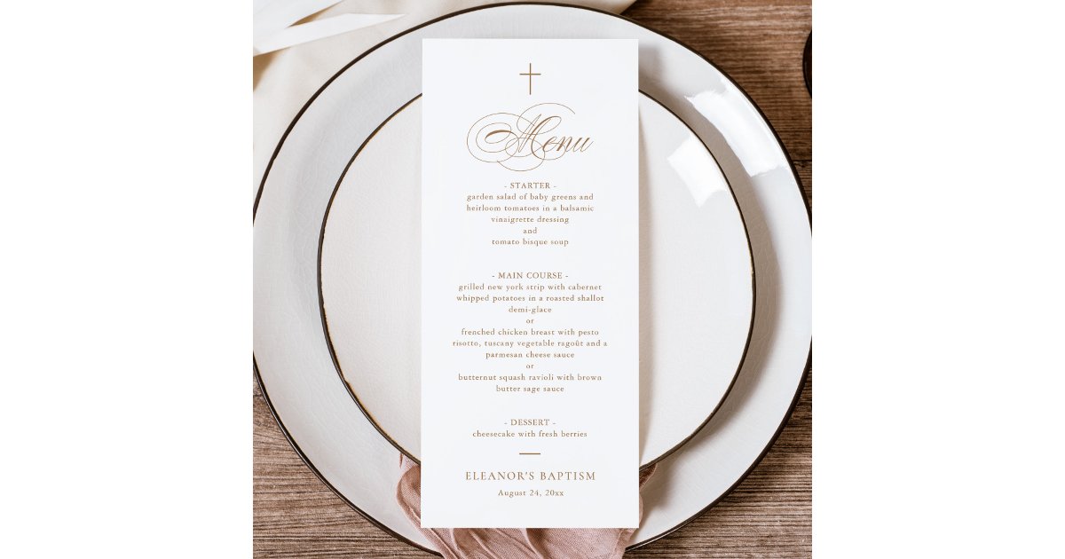 Simple Elegant Gold Cross Calligraphy Baptism Menu | Zazzle