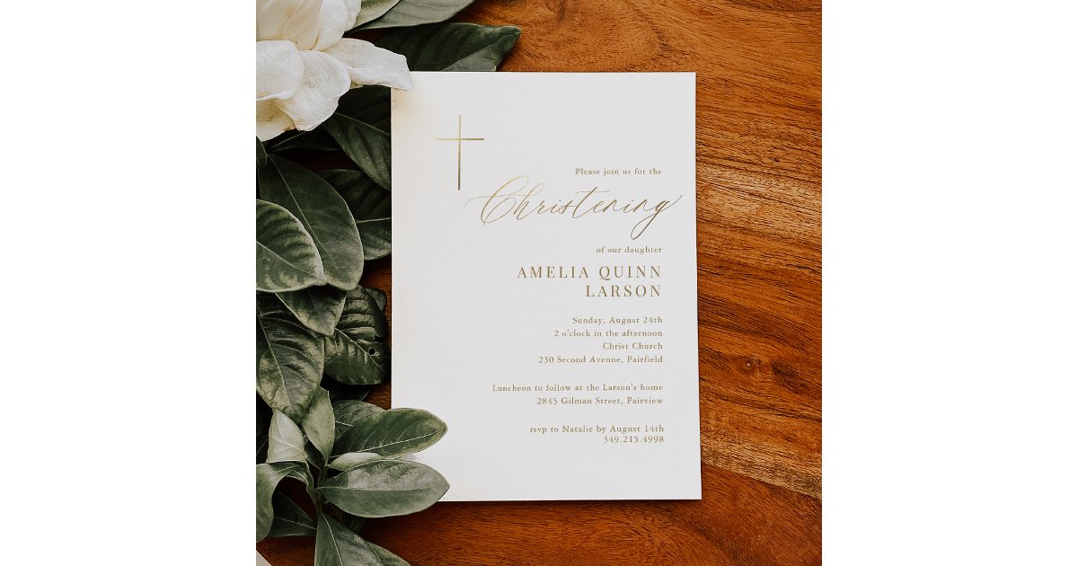 Simple Elegant Gold Cross Calligraphy Christening Invitation | Zazzle