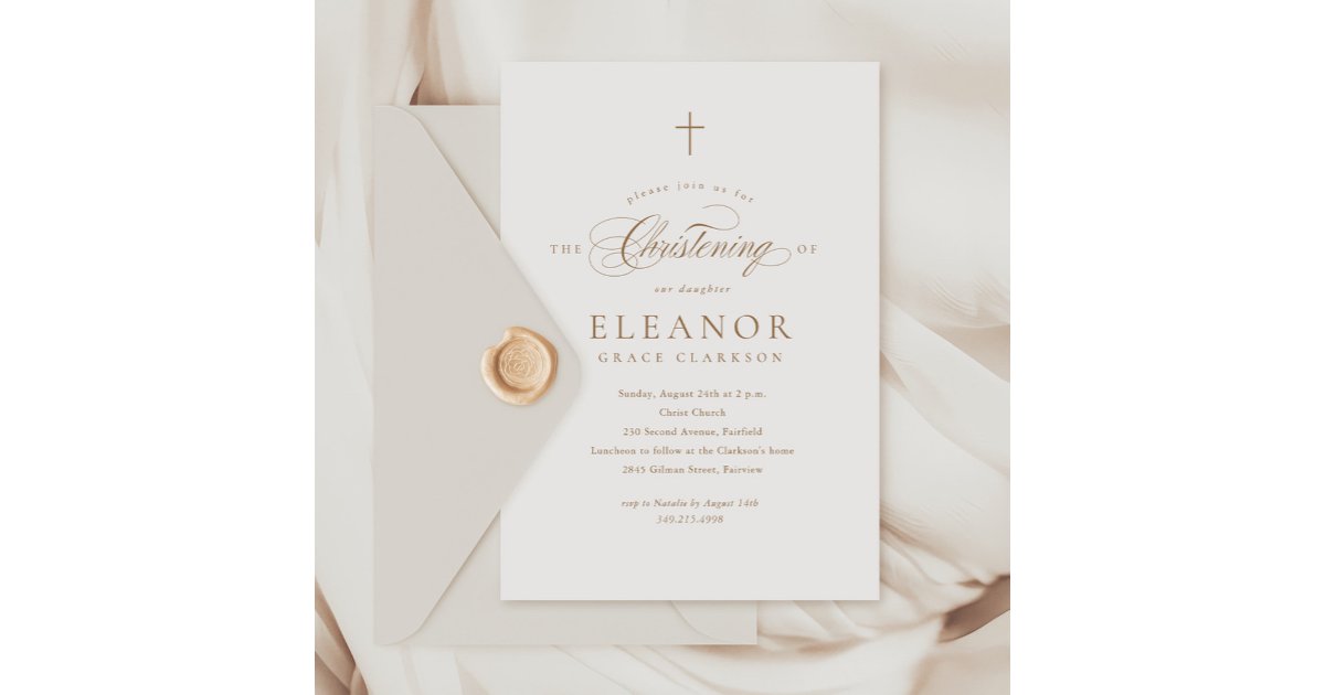 Simple Elegant Gold Cross Calligraphy Christening Invitation | Zazzle