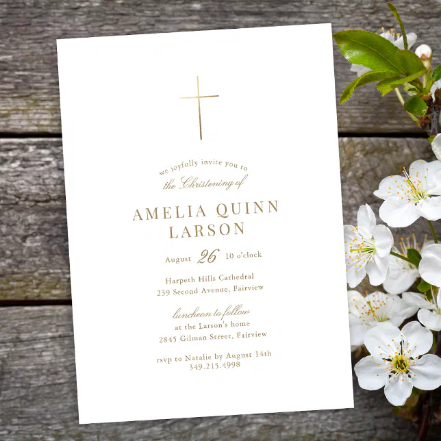 Simple Elegant Gold Cross Christening Invitation | Zazzle