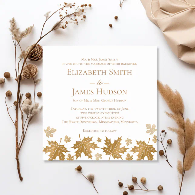 Simple Elegant Gold Fall Leaves Wedding Invitation | Zazzle