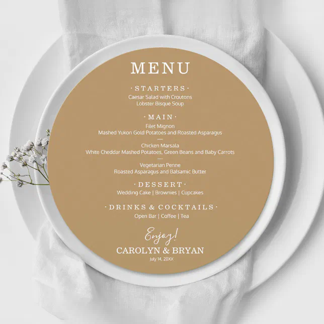 Simple Elegant Gold Round Wedding Dinner Menu | Zazzle