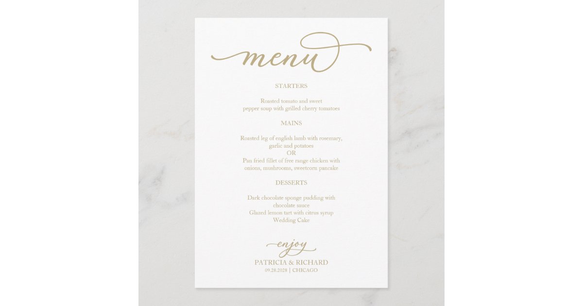 Simple Elegant Gold Script Wedding Menu | Zazzle