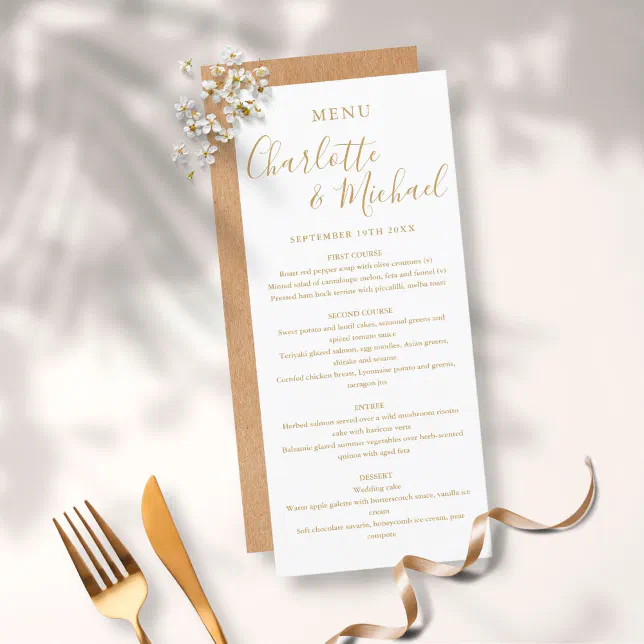 Simple Elegant Gold Signature Script Wedding Menu | Zazzle