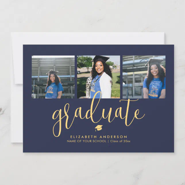 Simple Elegant Graduate 3 Photo Collage Graduation Invitation | Zazzle