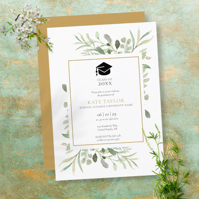 Simple Elegant Greenery Graduation Party Invitation | Zazzle