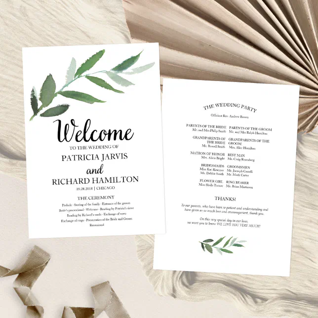 Simple Elegant Greenery Wedding Programs | Zazzle