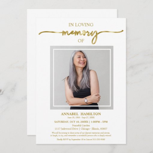 Simple Elegant In Loving Memory Funeral Photo Invitation | Zazzle