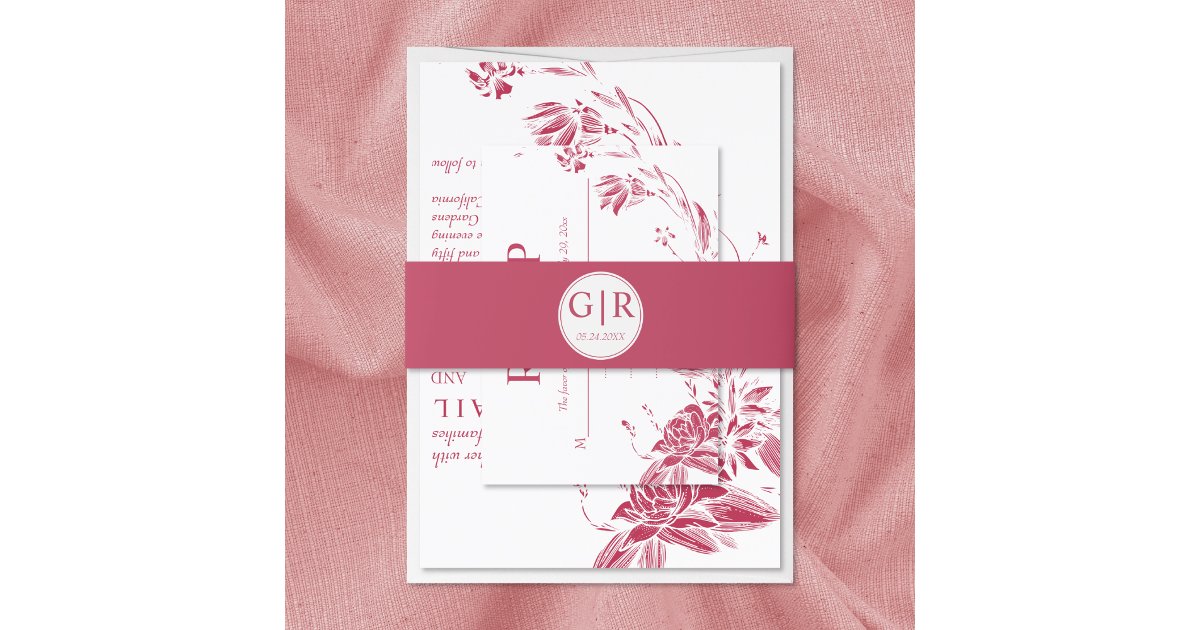 Simple elegant initials viva magenta pink wedding invitation belly band ...