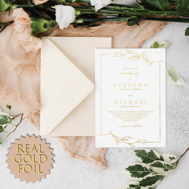 Simple Elegant Leaves White Wedding Real Foil Invitation | Zazzle