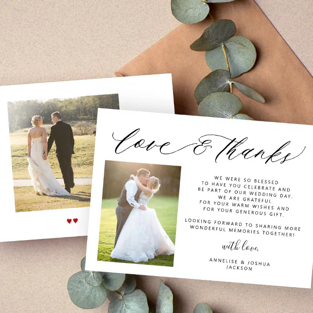 Simple elegant love and thanks 2 photos wedding thank you card | Zazzle