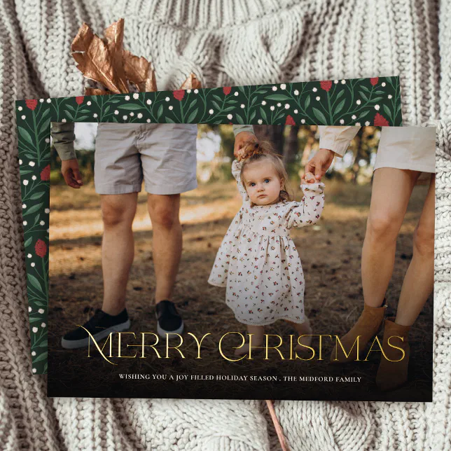Simple Elegant Merry Christmas Floral Back Foil Holiday Card | Zazzle