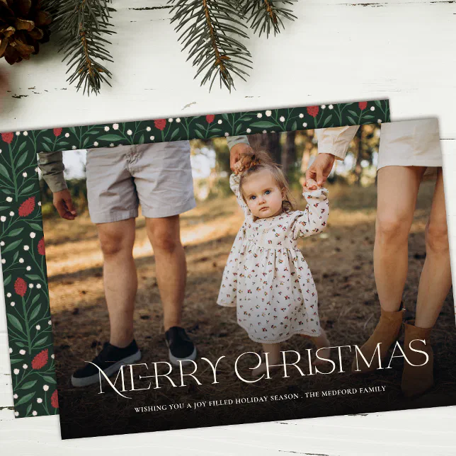 Simple Elegant Merry Christmas Floral Back Holiday Card | Zazzle