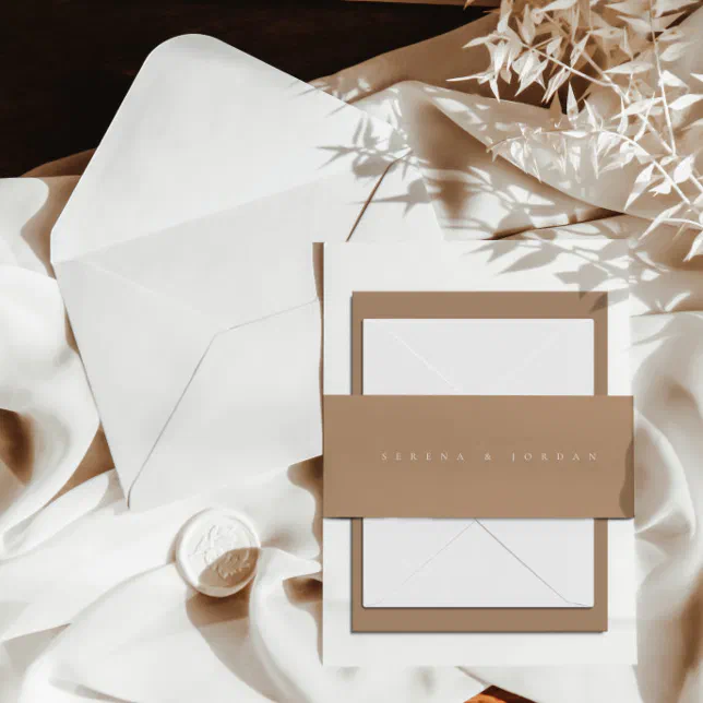 Simple Elegant Minimalist Beige Tan Wedding Invitation Belly Band | Zazzle