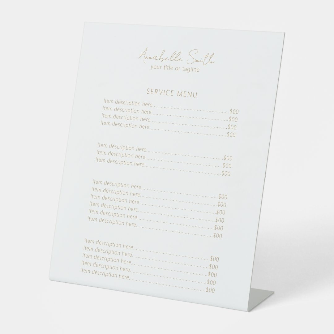 Simple Elegant Minimalist Modern Price List Gold Pedestal Sign | Zazzle