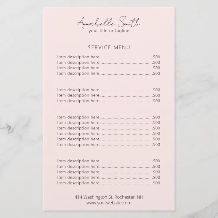 Simple Elegant Modern Blush Pink Price List | Zazzle