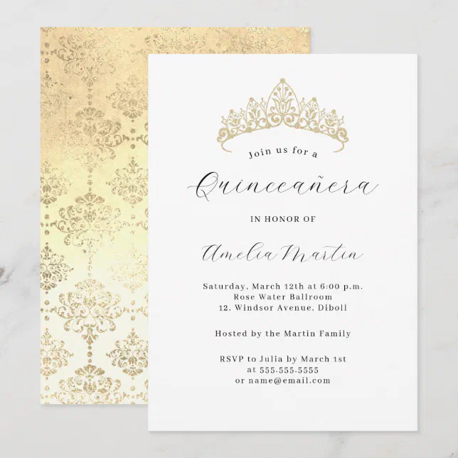Simple Elegant Modern Gold Tiara Quinceanera Invitation | Zazzle