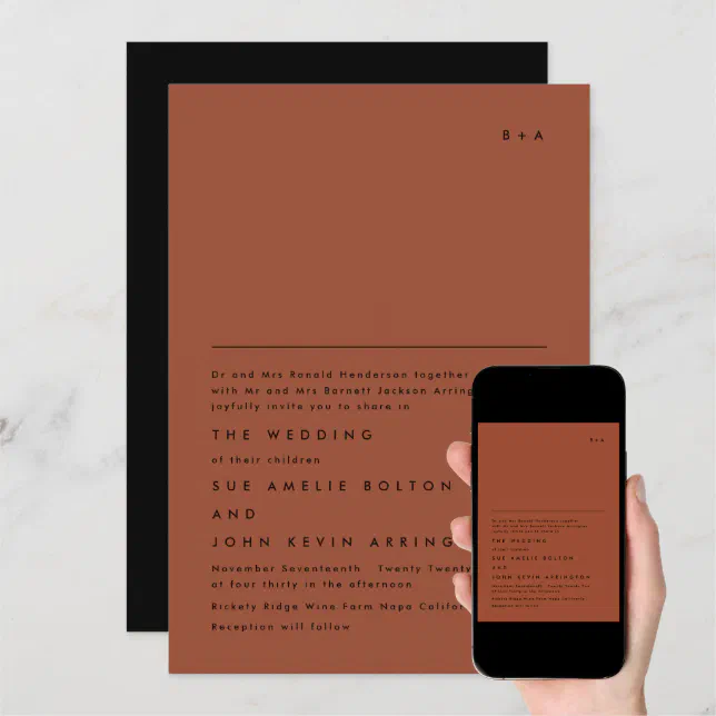 Simple Elegant Monogram Black Terracotta Wedding Invitation | Zazzle