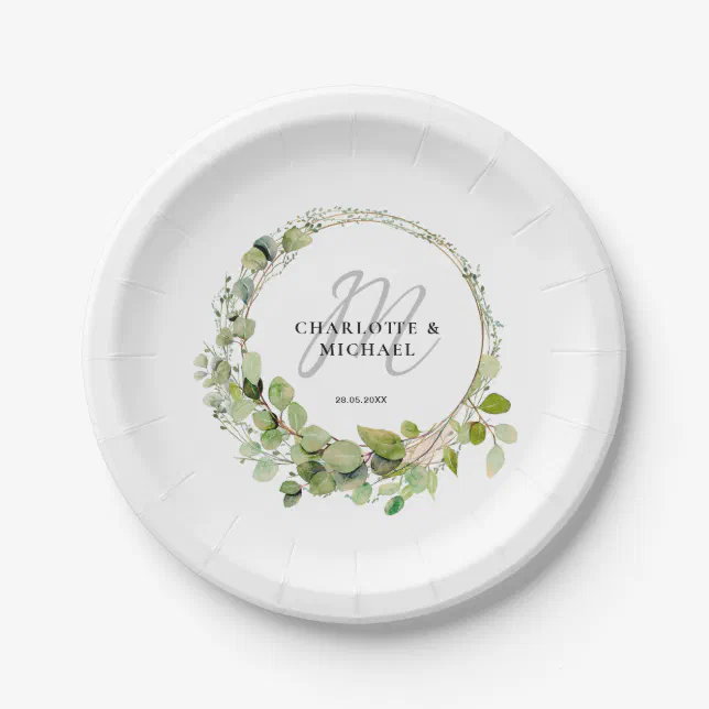 Simple, elegant, monogram eucalyptus wedding paper plates | Zazzle