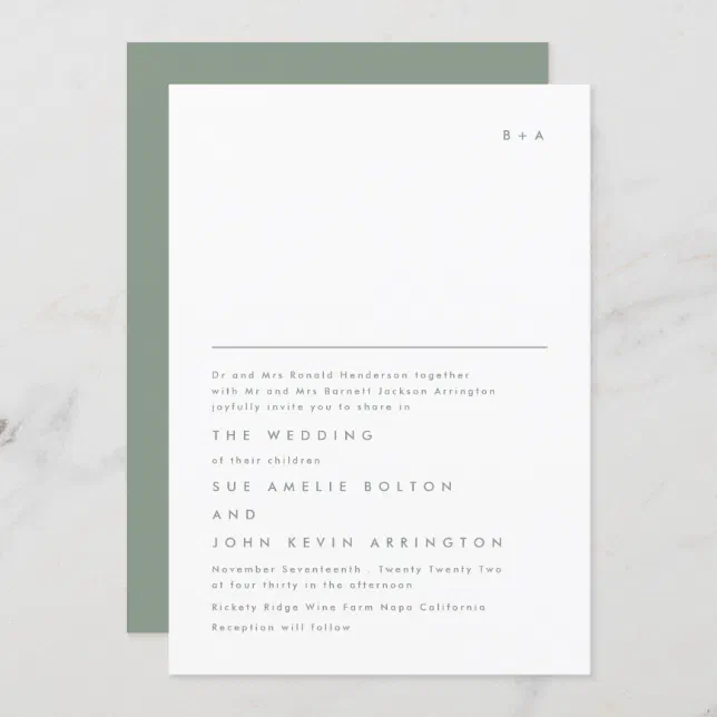 Simple Elegant Monogram Moss Green Wedding Invitation | Zazzle