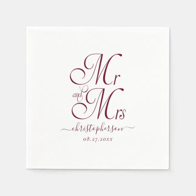 Simple Elegant Mr and Mrs Burgundy Script Wedding Napkins | Zazzle