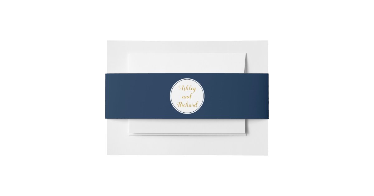 Simple elegant names navy blue and gold wedding invitation belly band ...