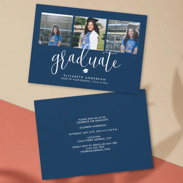 Simple Elegant Navy Blue Graduate Graduation Photo Invitation | Zazzle