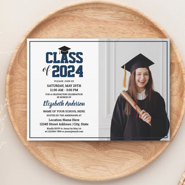 Simple Elegant Navy Blue Graduate Photo Graduation Invitation | Zazzle