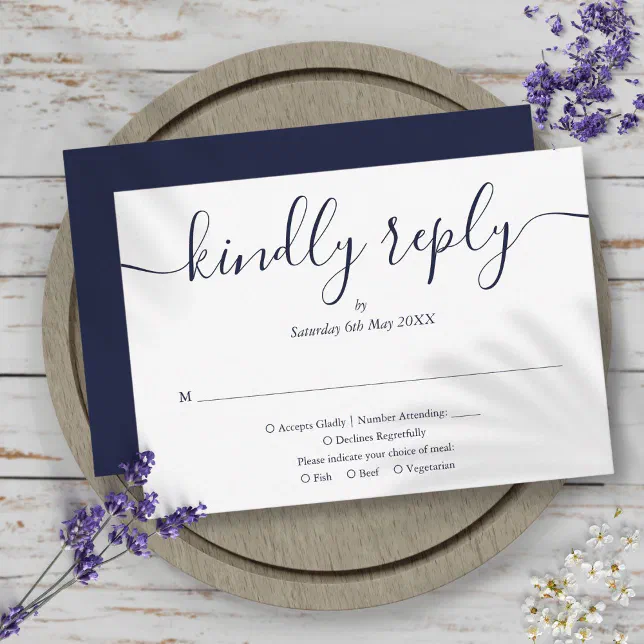 Simple Elegant Navy Blue Script Meal Choice RSVP Card | Zazzle